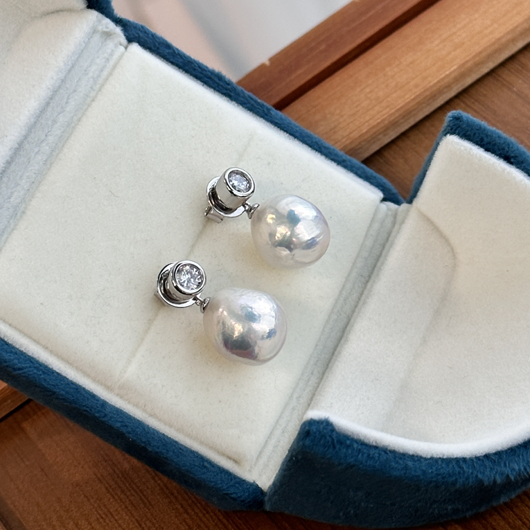 甄珠贝 泡泡钻两戴耳钉 巴洛克炫彩光 13-14mm 925纯银配件 - 甄珠贝珍珠旗舰店